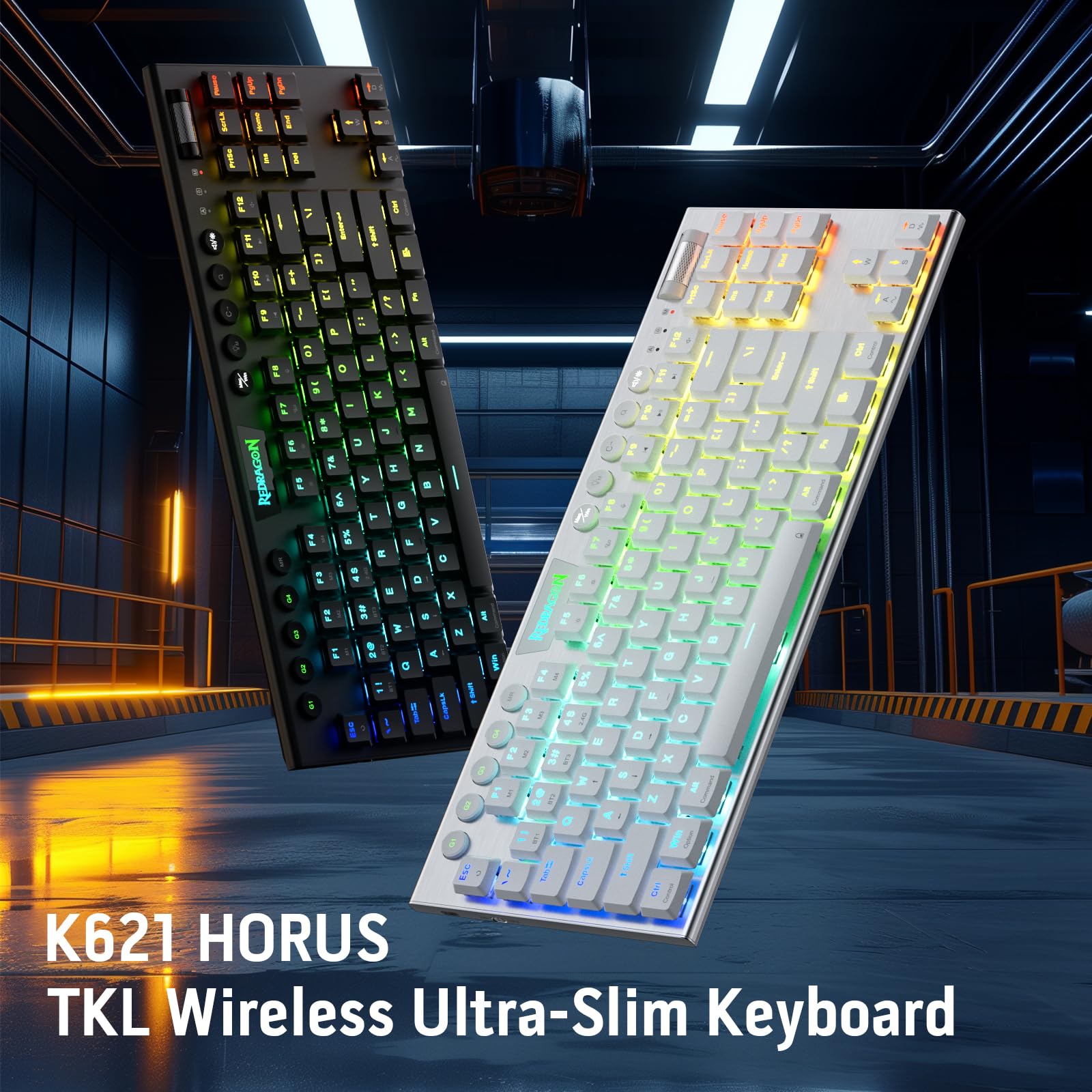 Redragon K621 Horus TKL Wireless RGB Mechanical Keyboard, 5.0 BT/2.4 Ghz/Wired Three Modes 80% Ultra-Thin Low Profile BT Keyboard w/Dedicated Media Control & Tactile Brown Switches, White