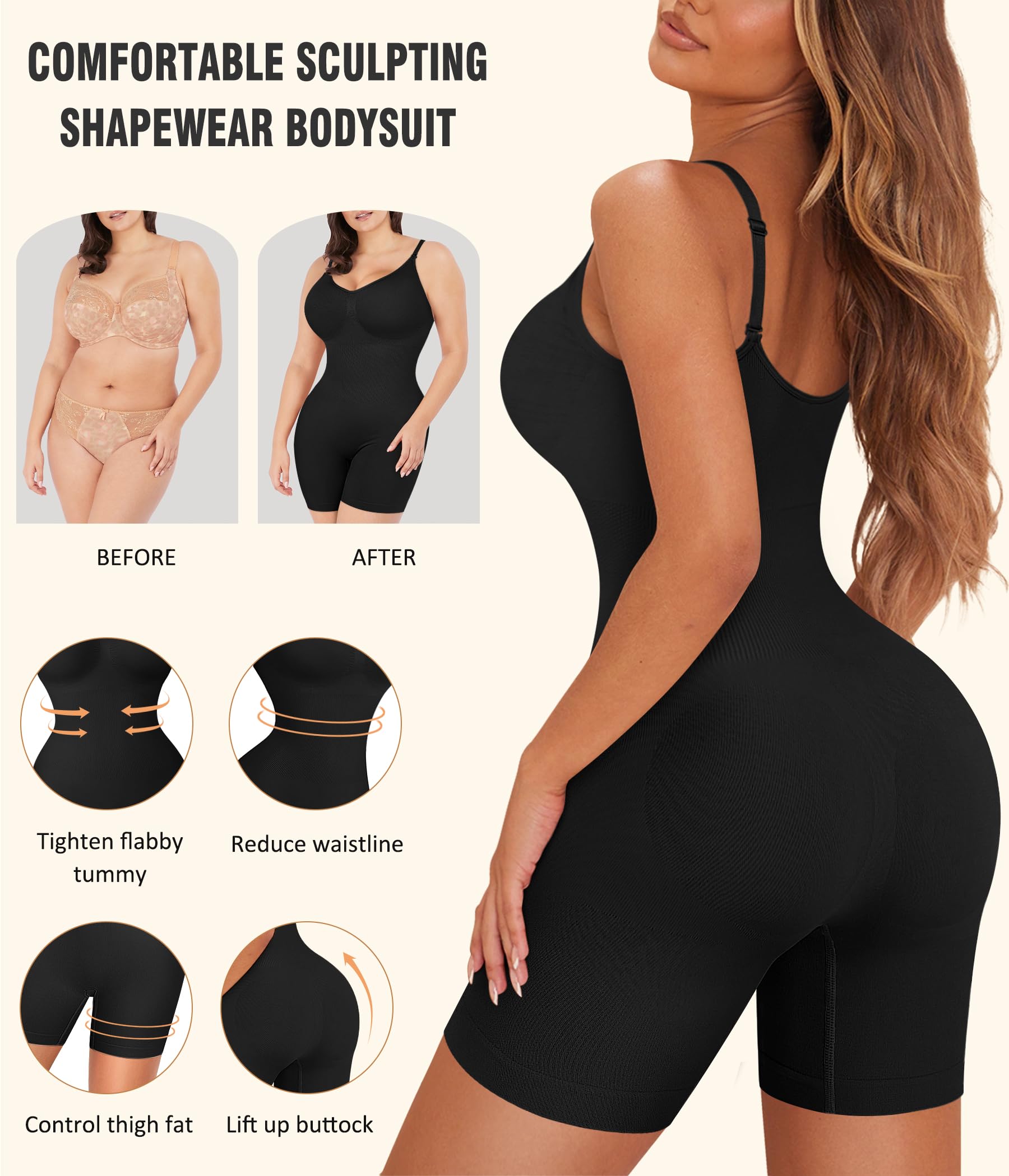 Irisnaya Women Slimming Bodysuits Shapewear Tops Tummy Control Body Shaper Spaghetti Strap Camisole Leotards Bodycon Jumpsuit (Black Mid Thigh, X-Small/Small)
