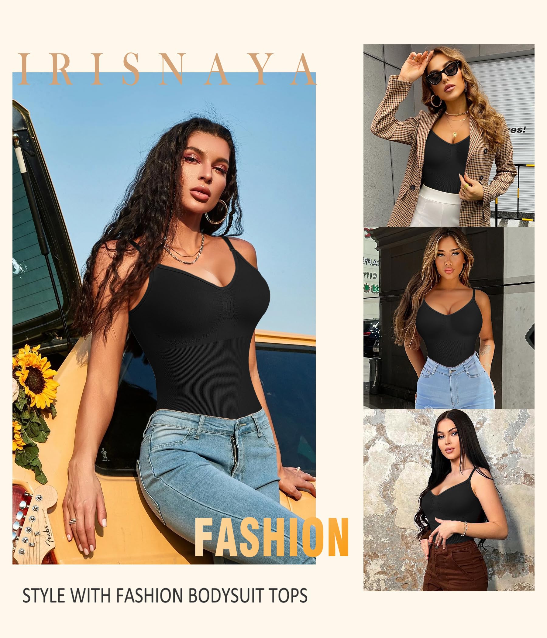 Irisnaya Women Slimming Bodysuits Shapewear Tops Tummy Control Body Shaper Spaghetti Strap Camisole Leotards Bodycon Jumpsuit (Black Mid Thigh, X-Small/Small)