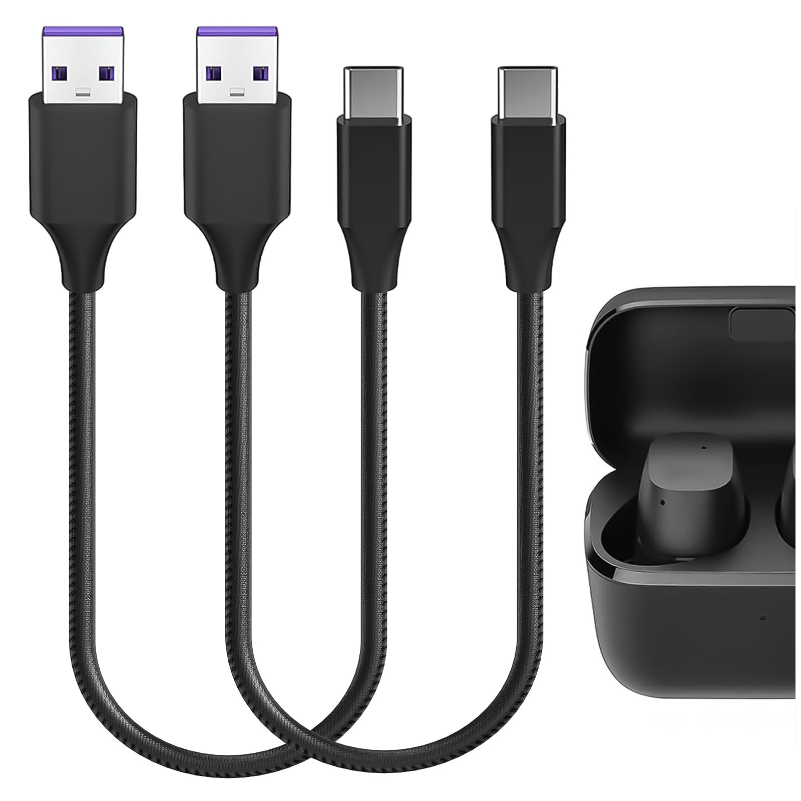 Geekria USB Earbuds Vegan Leather Charger Cable Compatible with Sennheiser ACCENTUM True Wireless, Momentum True Wireless 4 Charger, USB to USB-C Replacement Power Charging Cord (1ft/30cm 2Pack)