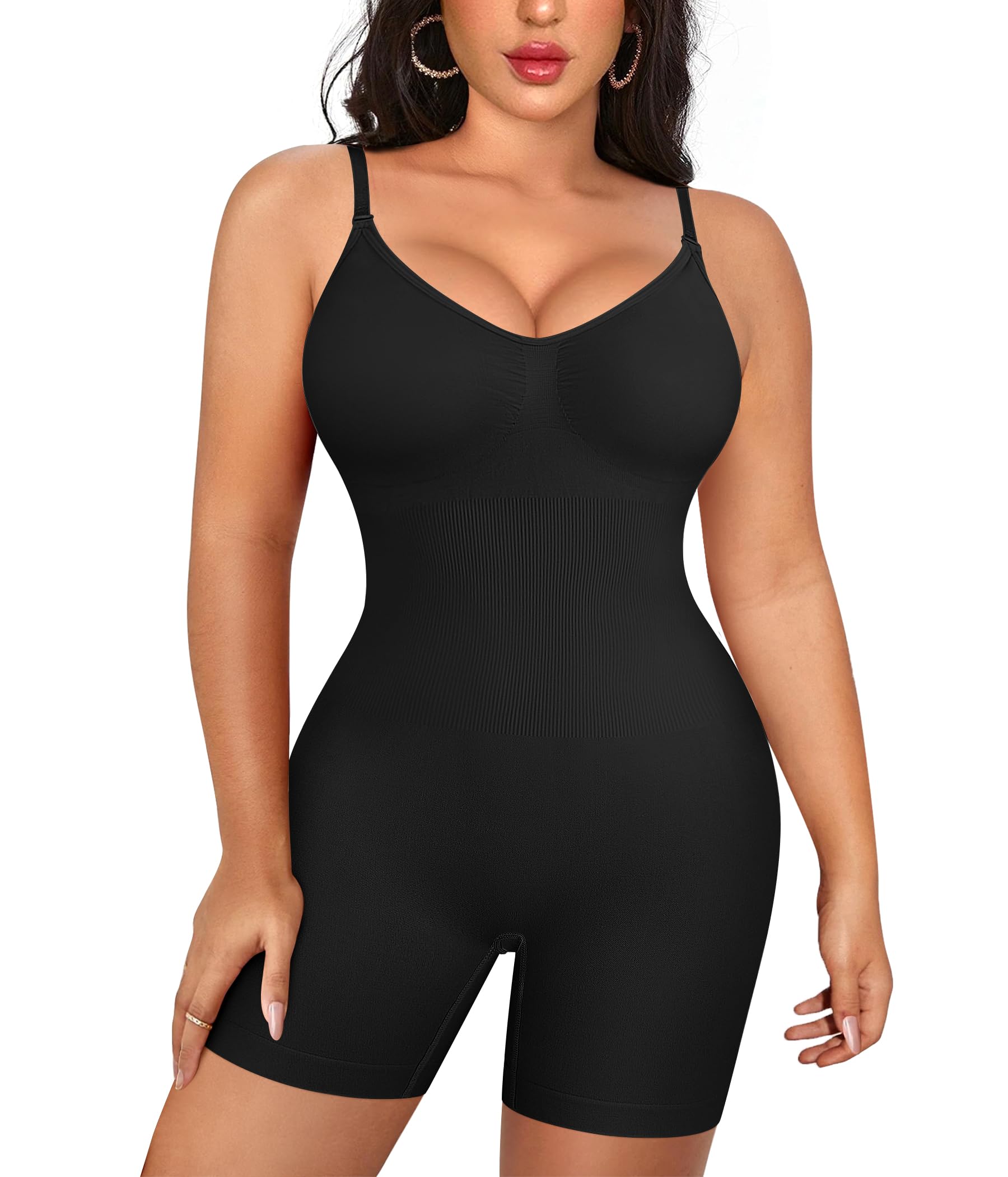Irisnaya Women Slimming Bodysuits Shapewear Tops Tummy Control Body Shaper Spaghetti Strap Camisole Leotards Bodycon Jumpsuit (Black Mid Thigh, X-Small/Small)