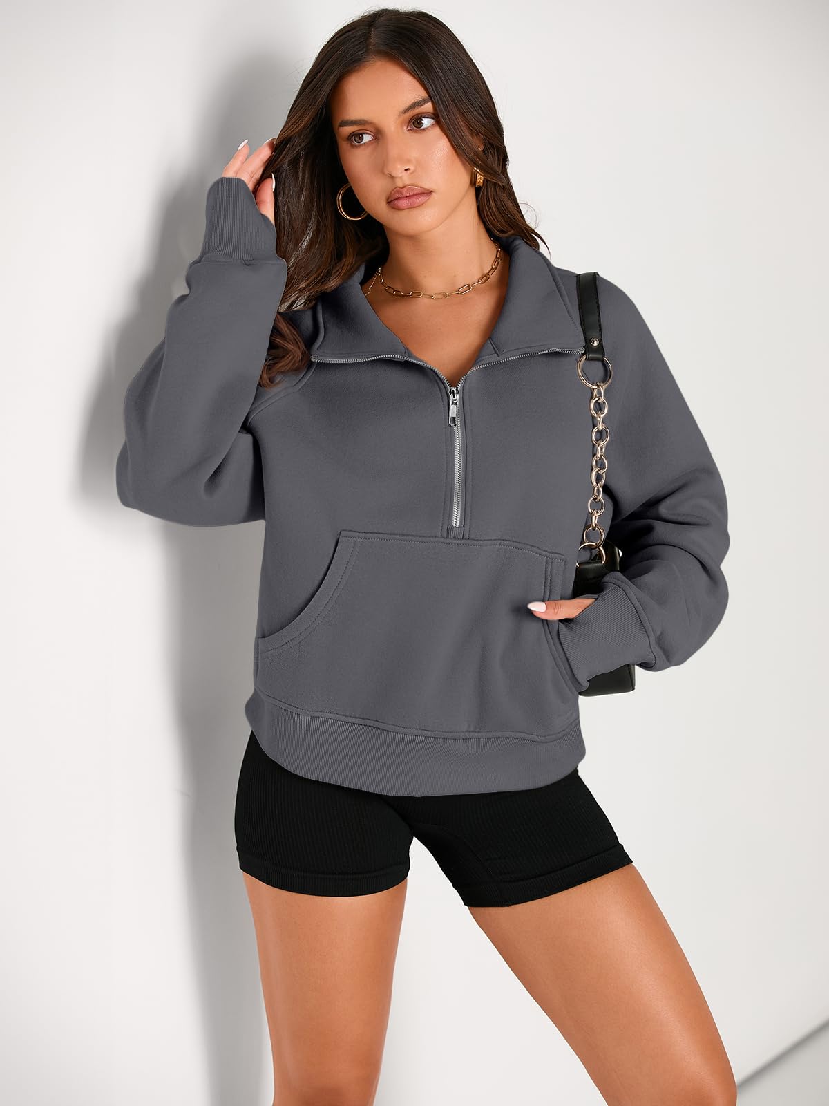 AUTOMET Womens Sweatshirts Half Zip Cropped Pullover Fleece Quarter Zipper Hoodies 2025 Fall Fashion Outfits Clothes DarkDrey X-Large