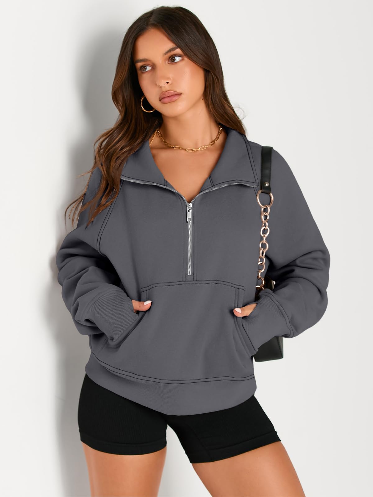 AUTOMET Womens Sweatshirts Half Zip Cropped Pullover Fleece Quarter Zipper Hoodies 2025 Fall Fashion Outfits Clothes DarkDrey X-Large