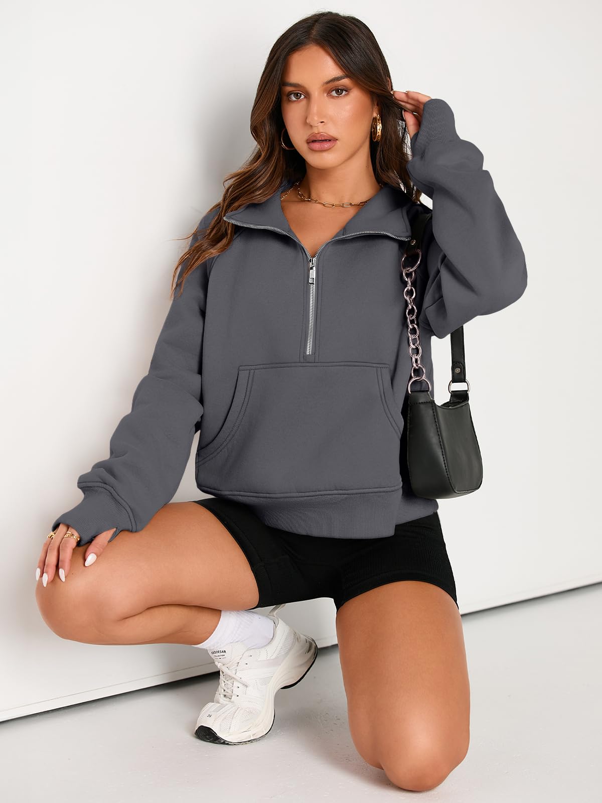 AUTOMET Womens Sweatshirts Half Zip Cropped Pullover Fleece Quarter Zipper Hoodies 2025 Fall Fashion Outfits Clothes DarkDrey X-Large