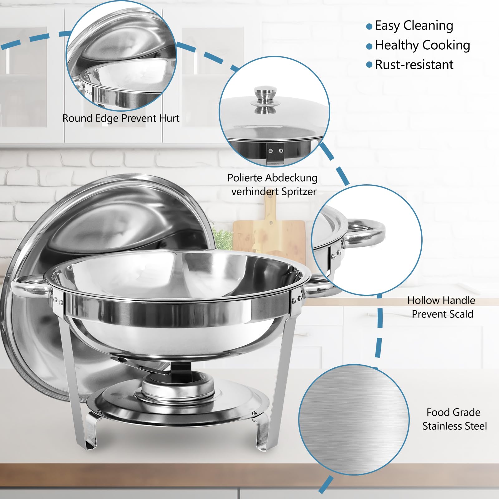 Jacgood Chafing Dish Buffet Set Full Size Stainless Steel, Silver Round Catering Warmer Set with Food and Water Trays, Mirror Cover, Thick Stand Frame for Kitchen Party Banquet (5 Qt 2 Pack)