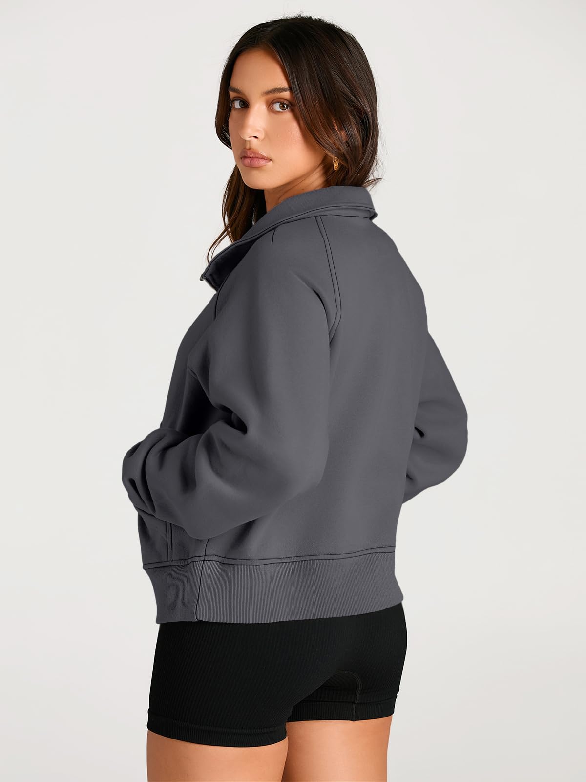 AUTOMET Womens Sweatshirts Half Zip Cropped Pullover Fleece Quarter Zipper Hoodies 2025 Fall Fashion Outfits Clothes DarkDrey X-Large