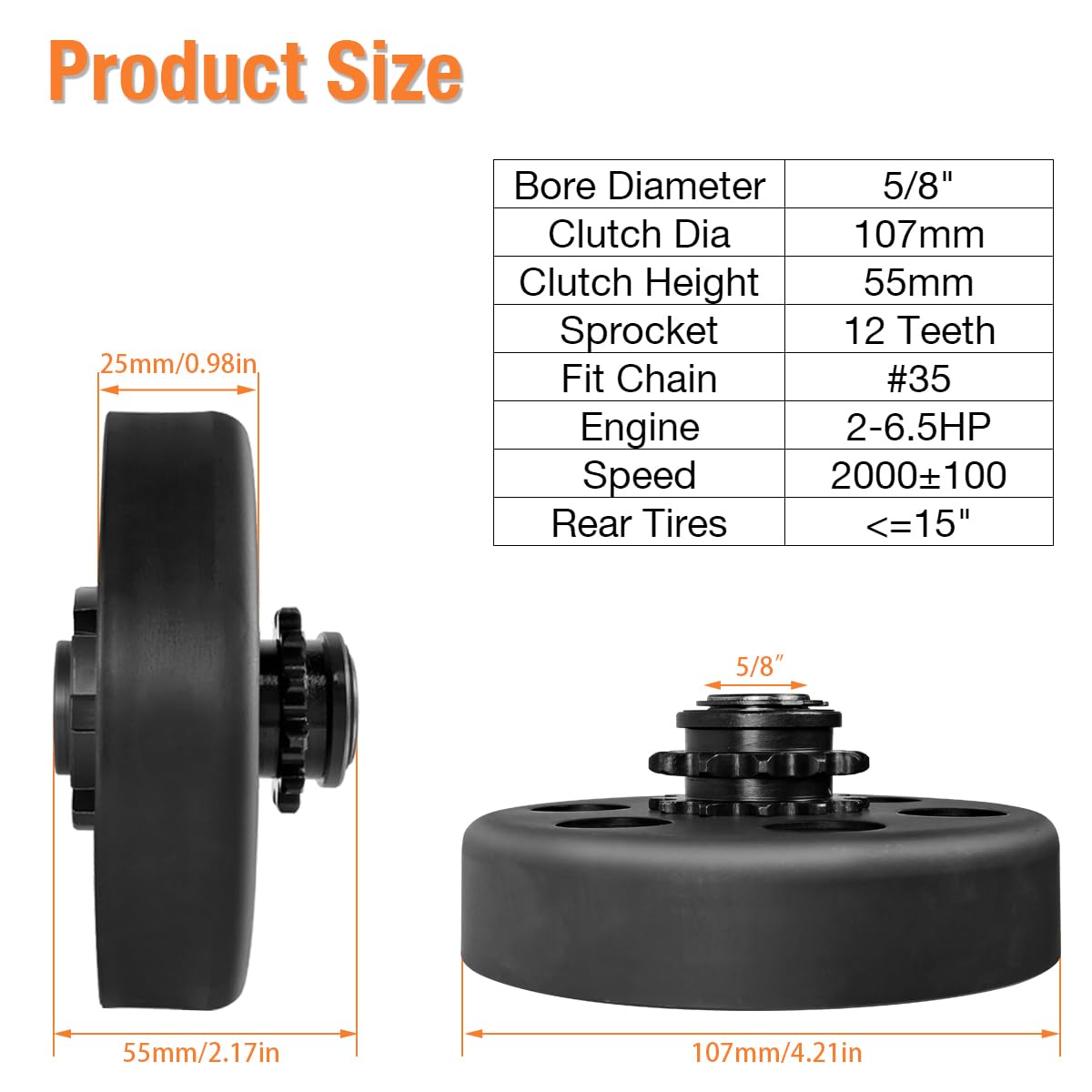 Kekadmai Mini Bike Clutch 5/8'' Bore 12 Tooth for #35 Chain, Centrifugal Clutch 12T for Go Kart/Minibike Engine Up To 8 HP (5/8" Bore 12 Tooth)