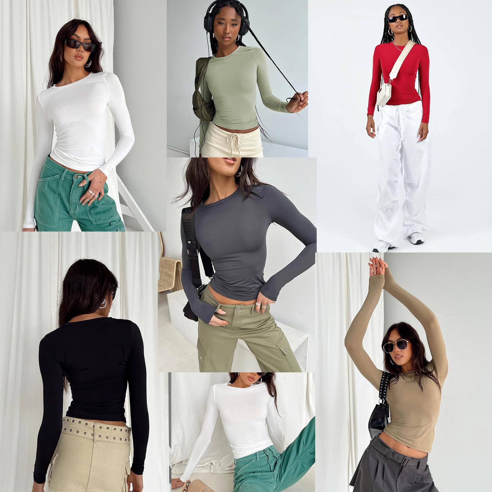 Abardsion Women's Casual Basic Going Out Crop Tops Slim Fit Long Sleeve Crew Neck Tight T Shirts (White, S)