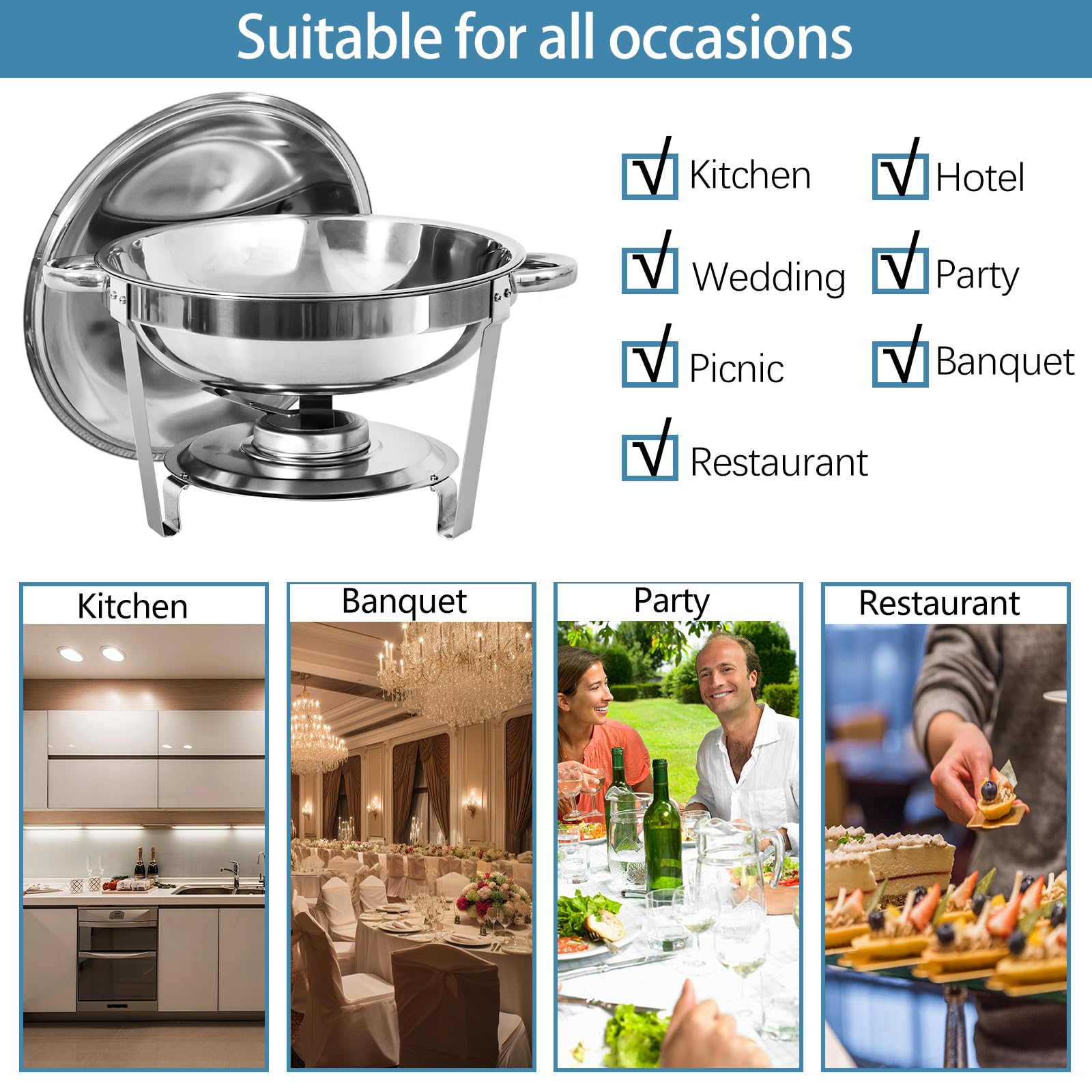 Jacgood Chafing Dish Buffet Set Full Size Stainless Steel, Silver Round Catering Warmer Set with Food and Water Trays, Mirror Cover, Thick Stand Frame for Kitchen Party Banquet (5 Qt 2 Pack)