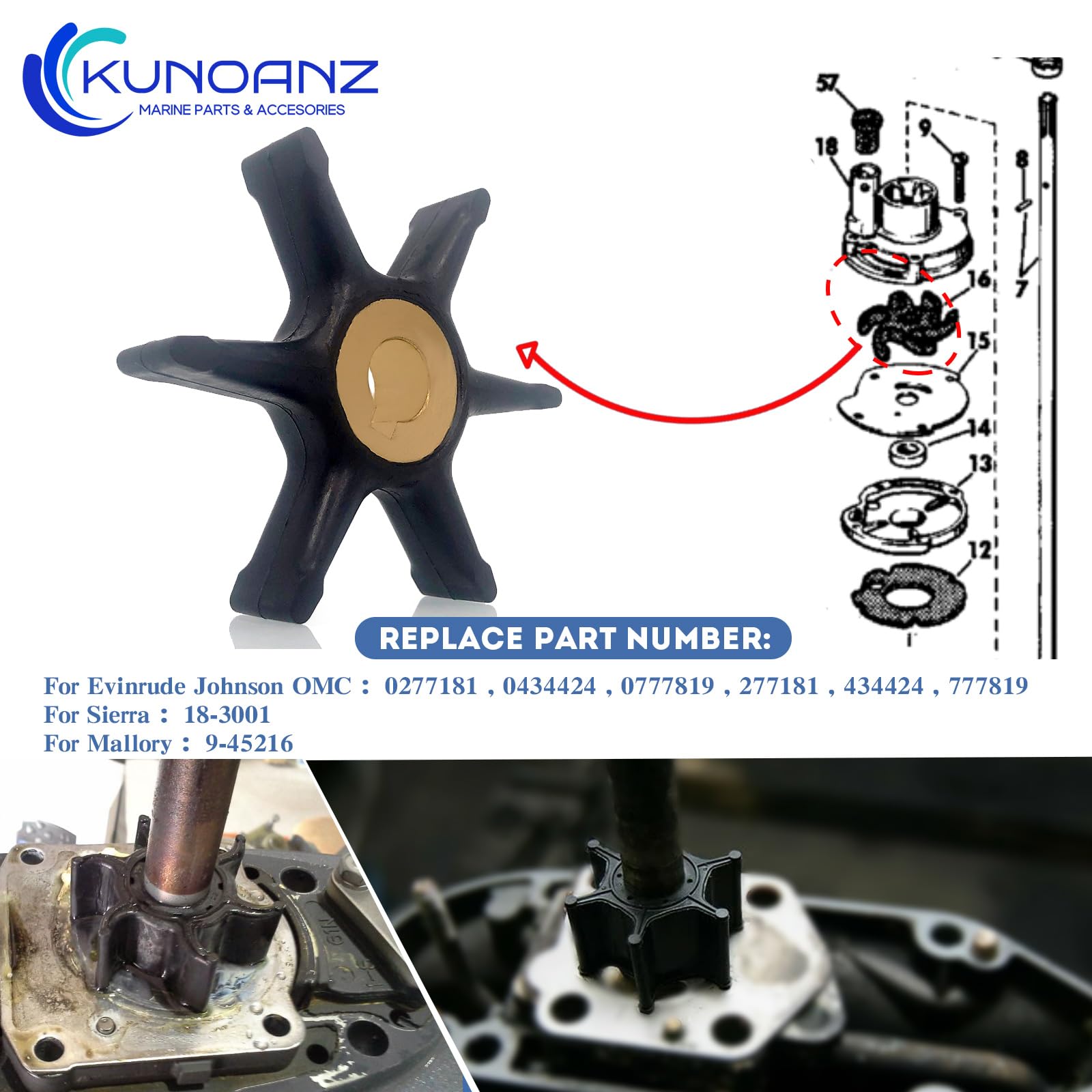 277181 434424 Water Pump Impeller For Evinrude Johnson 3/4/5/5.5/6/7.5 HP 2 Stroke Outboard Sierra 18-3001 0277181 0434424 0777819 3HP 4HP 5HP 5.5HP 6HP 7.5HP