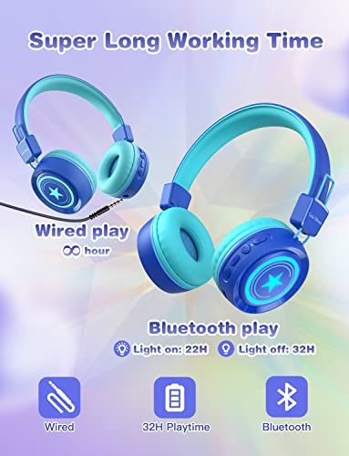 Link Dream Kids Bluetooth Headphones with Microphone for School On-Ear Headphone Toddler Children Wireless Headphone Headset with LED Lights Compatible with Cellphone/Computer/Tablet/iPad (Blue)