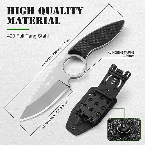 Omesio Small Fixed Blade Knife, Tactical Hunting Camping Survival Knife with Kydex Sheath, Full Tang Stainless Steel 2.68-Inch Drop Point Blade G10 Handle, EDC Neck Knife, White