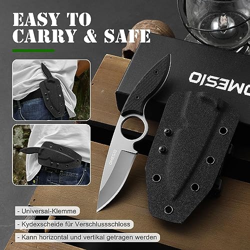 Omesio Small Fixed Blade Knife, Tactical Hunting Camping Survival Knife with Kydex Sheath, Full Tang Stainless Steel 2.68-Inch Drop Point Blade G10 Handle, EDC Neck Knife, White