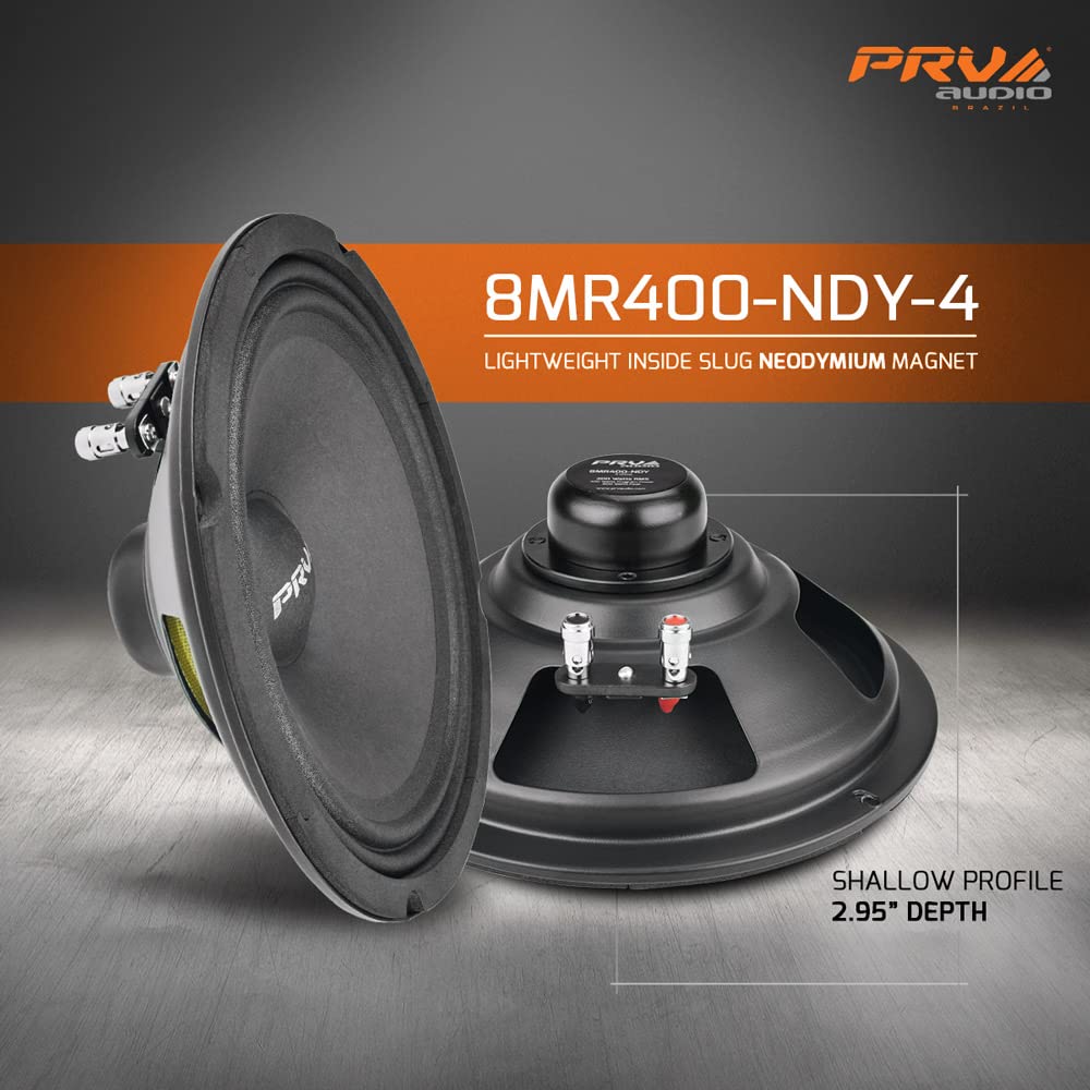 PRV AUDIO 8 Inch Midrange Speaker 8MR400-NDY-4, 400 Watts Max Program Power, Neodymium, 4 Ohm, 200 Watts RMS Power, 94 dB, Mid Range Loudspeaker fo Pro Car Audio (Single)