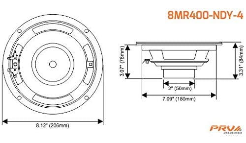 PRV AUDIO 8 Inch Midrange Speaker 8MR400-NDY-4, 400 Watts Max Program Power, Neodymium, 4 Ohm, 200 Watts RMS Power, 94 dB, Mid Range Loudspeaker fo Pro Car Audio (Single)