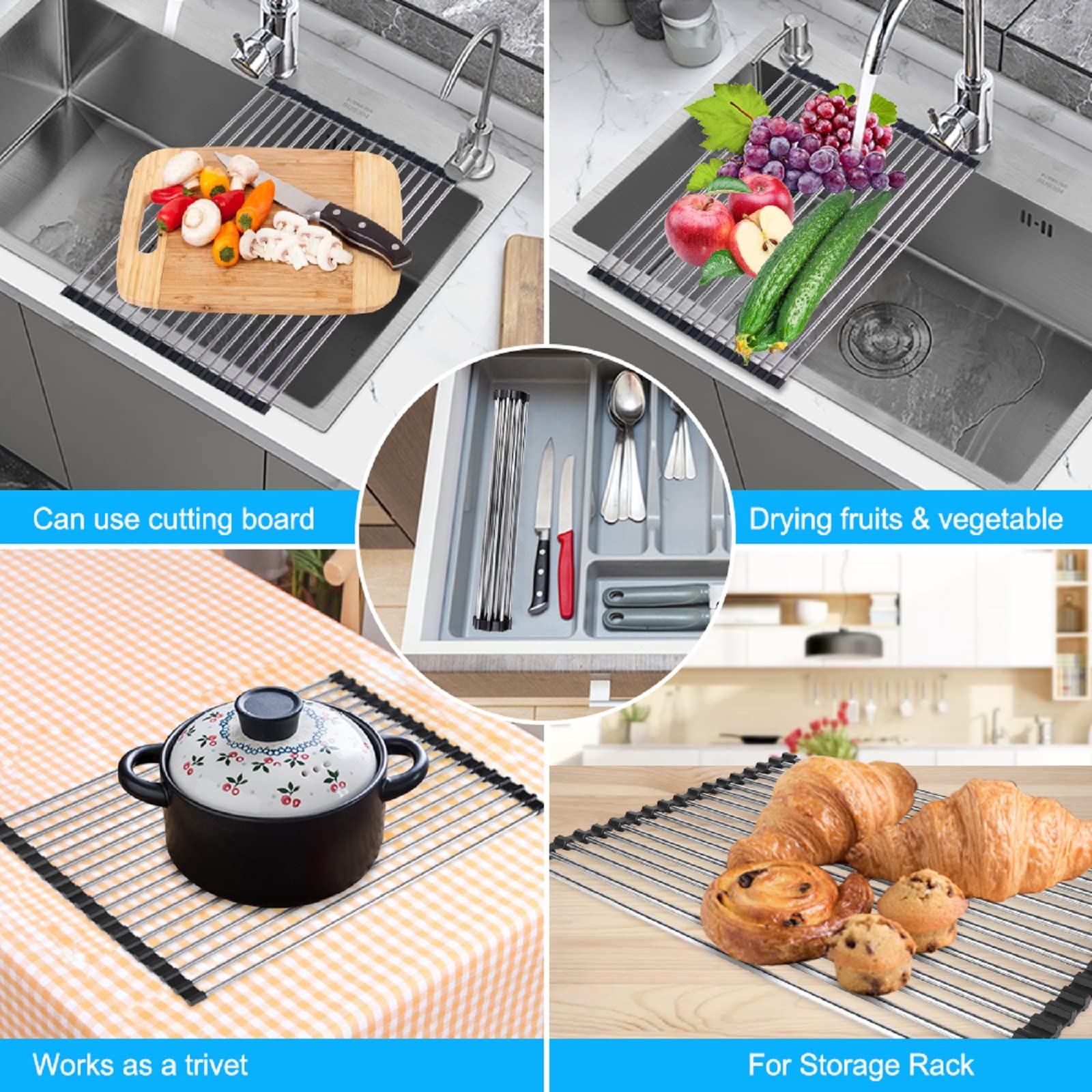 Cuteadoy Dish Drying Rack,18.5’’x13.3’’ Multipurpose Kitchen Roll Up Dish Rack Foldable Stainless Steel Drain Rack Over The Sink Drying Rack for Vegetable Fruit and Dish