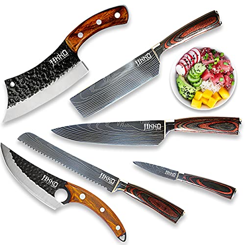 Jikko New Reinforced Carbon Steel Japanese Kitchen Knife Set – Original Series – Ultra Sharp Japanese Knife Set & Chef Knife with Mahogany & Walnut Wood Handles – Professional Chef's Knives
