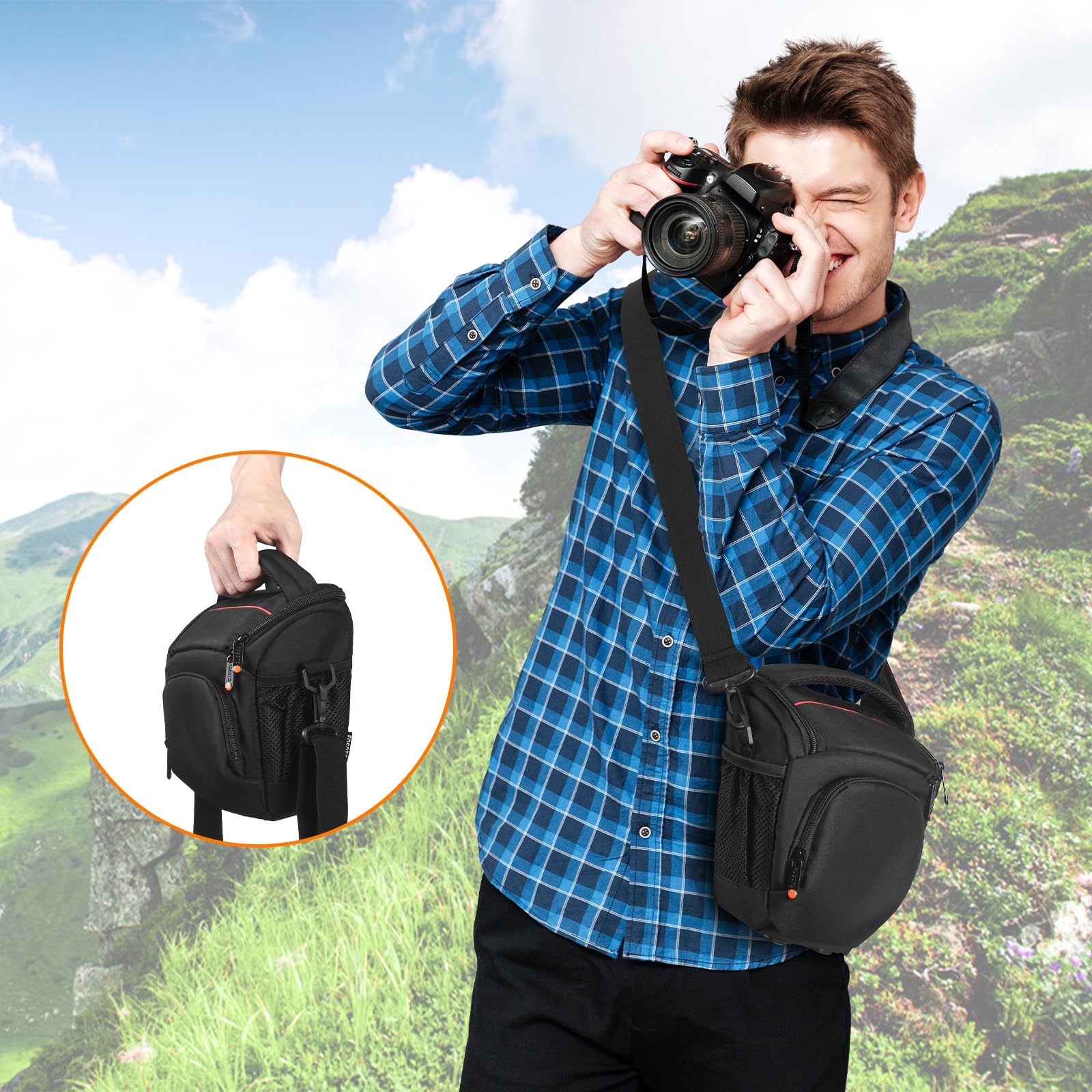 FOSOTO DSLR SLR Compact Camera Bag Compatible for Nikon D5100 D5300 D90 Canon T4 T5 600D 650D Panasonic Lumix FZ80 Sony Fujifilm with Waterproof Rain Cover
