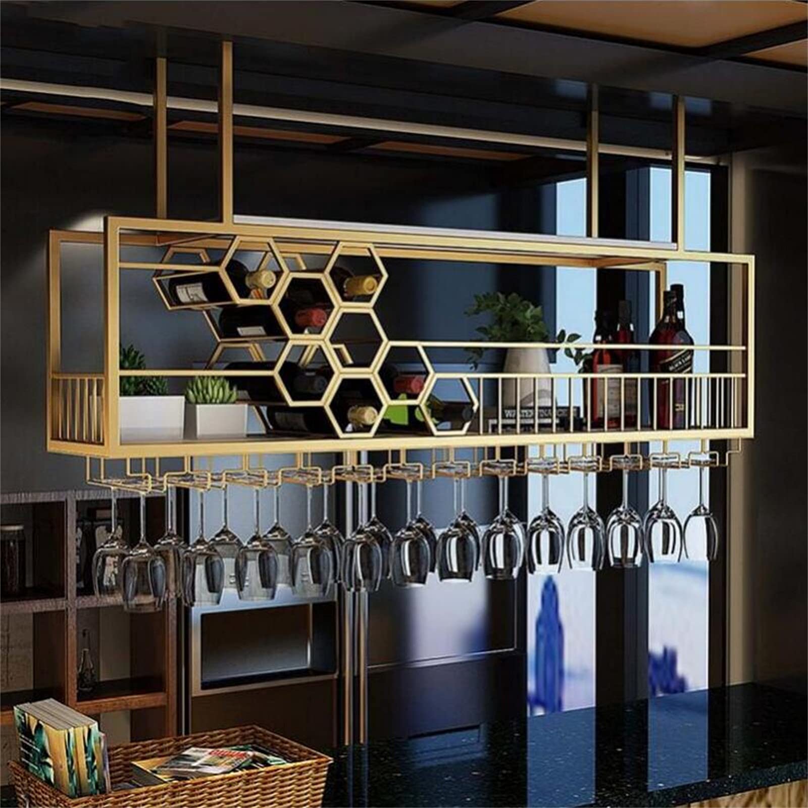 European Style Iron Hanging Wine Glass Rack Wine Rack Ceiling Decoration Shelf Bar Accessories Glassware Rack Holder Glass Display Cabinets 100cm,Gold,120 * 30 * 40