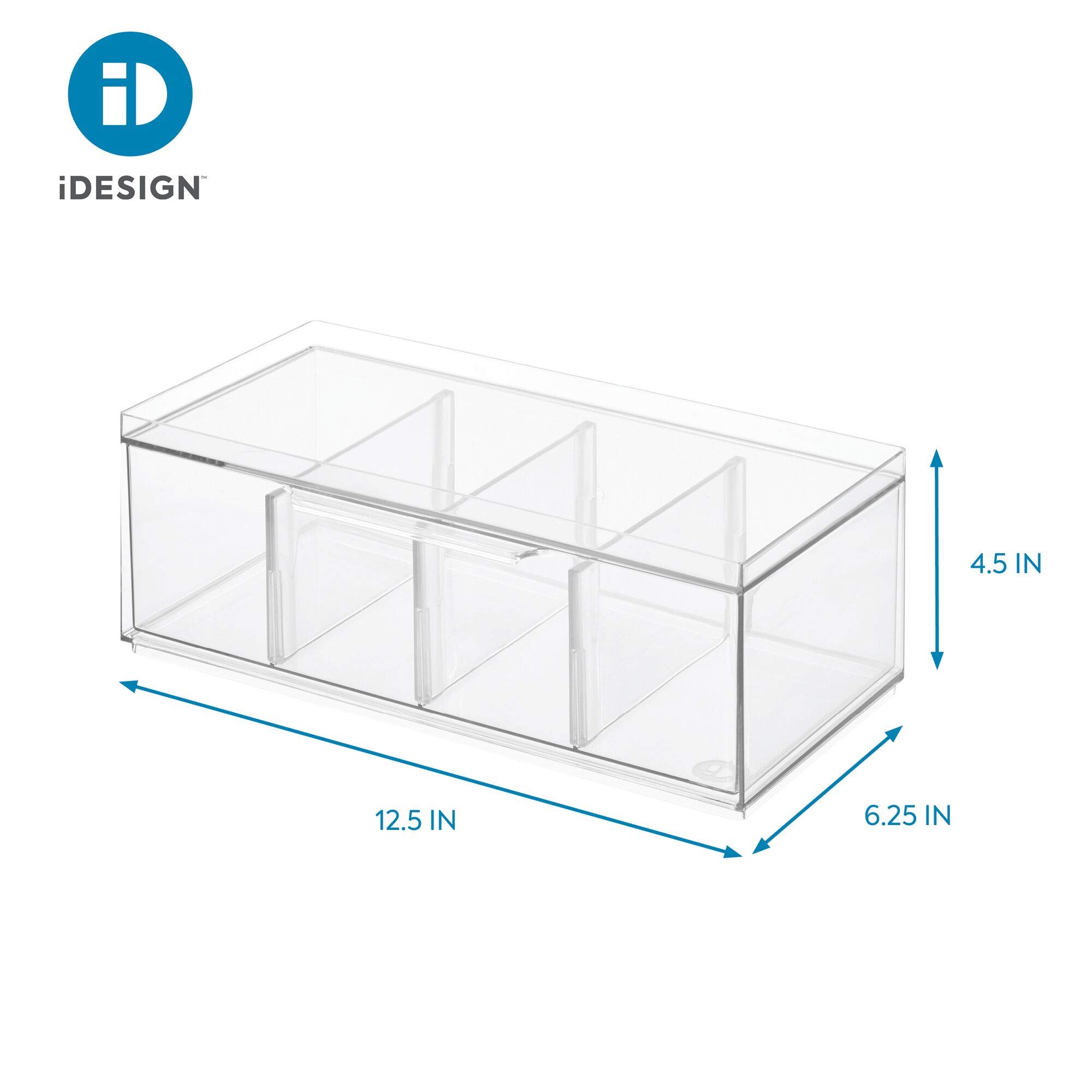 iDesign Crisp BPA-Free Plastic Stackable Tea Bag Organizer for Kitchen Cabinets and Countertops - 12.59" x 6.23" x 4.57", Clear with Gray Dividers