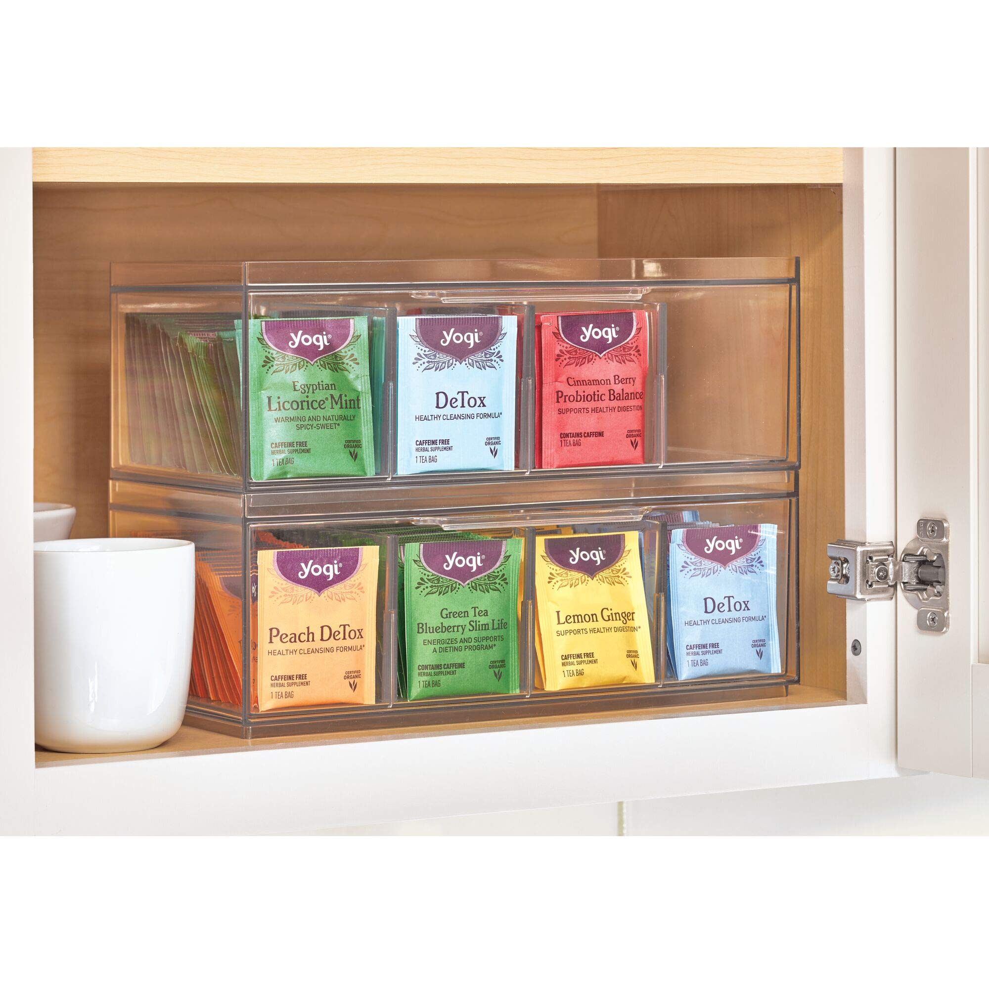 iDesign Crisp BPA-Free Plastic Stackable Tea Bag Organizer for Kitchen Cabinets and Countertops - 12.59" x 6.23" x 4.57", Clear with Gray Dividers