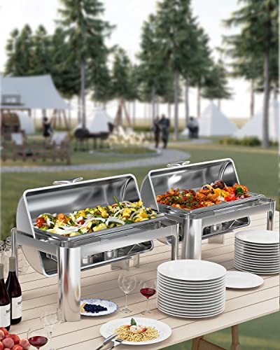 Halamine Roll Top Chafing Dish Buffet Set, 9 Qt Stainless Steel Chafer with 2 Half Size Pans Buffet Servers and Warmers Set Warming Tray for Wedding, Parties, Banquet, Catering Events, Graduation