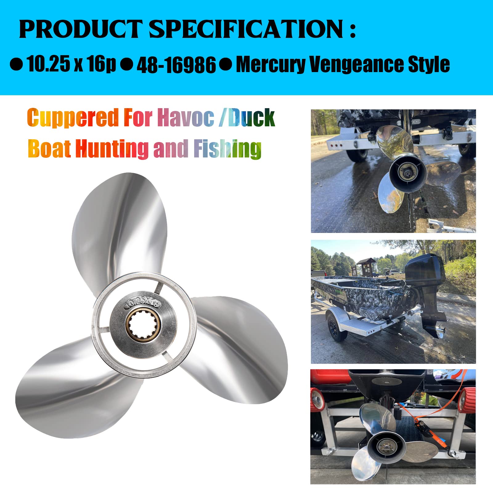 Qiclear OEM Upgrade 10.25 x 16 Vengeance Style Stainless Steel Outboard Propeller for Mercury Engines 40-60 HP Reference No.48-16986, 13 Spline Tooth, RH
