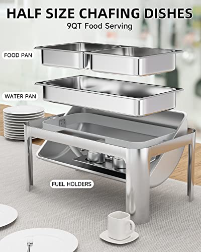 Halamine Roll Top Chafing Dish Buffet Set, 9 Qt Stainless Steel Chafer with 2 Half Size Pans Buffet Servers and Warmers Set Warming Tray for Wedding, Parties, Banquet, Catering Events, Graduation