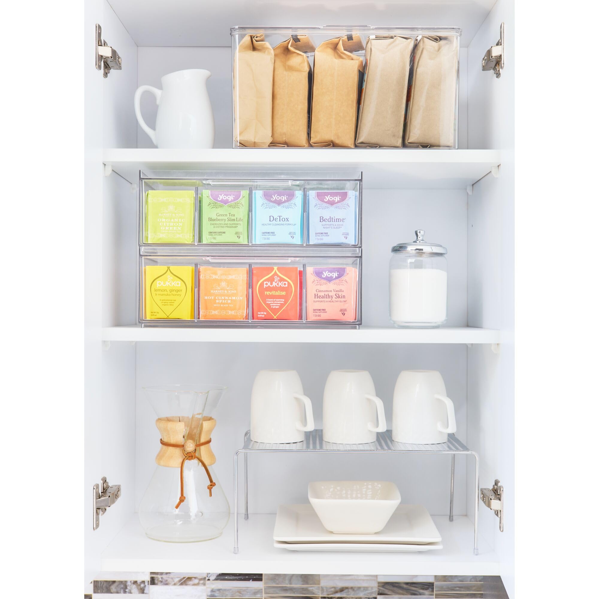 iDesign Crisp BPA-Free Plastic Stackable Tea Bag Organizer for Kitchen Cabinets and Countertops - 12.59" x 6.23" x 4.57", Clear with Gray Dividers