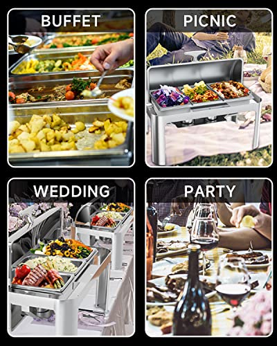 Halamine Roll Top Chafing Dish Buffet Set, 9 Qt Stainless Steel Chafer with 2 Half Size Pans Buffet Servers and Warmers Set Warming Tray for Wedding, Parties, Banquet, Catering Events, Graduation