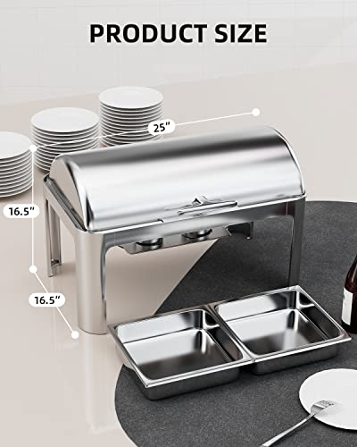 Halamine Roll Top Chafing Dish Buffet Set, 9 Qt Stainless Steel Chafer with 2 Half Size Pans Buffet Servers and Warmers Set Warming Tray for Wedding, Parties, Banquet, Catering Events, Graduation