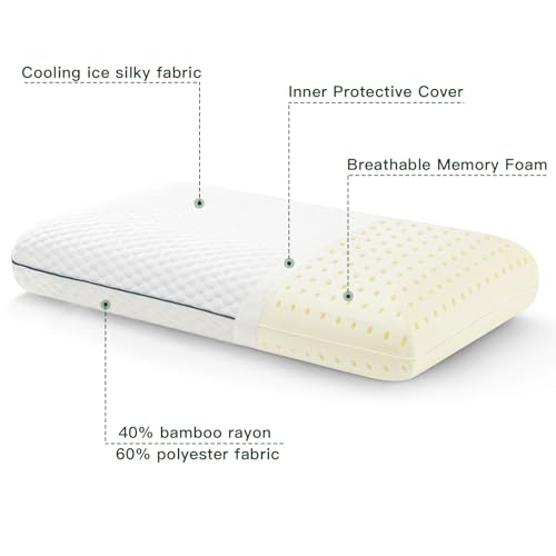 OTOSTAR Memory Foam Pillow, Cooling & Ventilated Bed Pillow with Washable Cooling Pillow Cover, Breathable Memory Foam Pillow for Sleeping, 1 Pack Queen Size