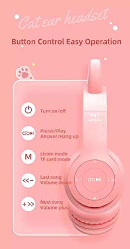 Cat Ear Wireless Headphones with Led Light, Cute Design Bluetooth Headset with Mic (Pink)