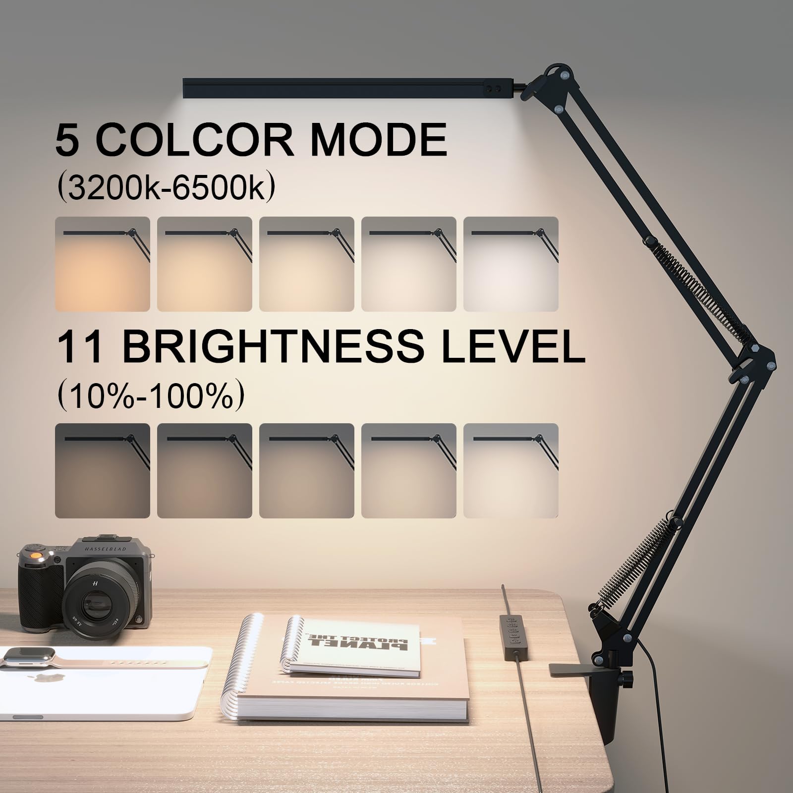 TROPICALTREE LED Desk Lamp, Swing arm Desk Light with clamp, 3 Lighting 10 Brightness Eye-Caring Modes, Reading Desk Lamps for Home Office 360 Degree Spin with USB Adapter & Memory Function black-14W