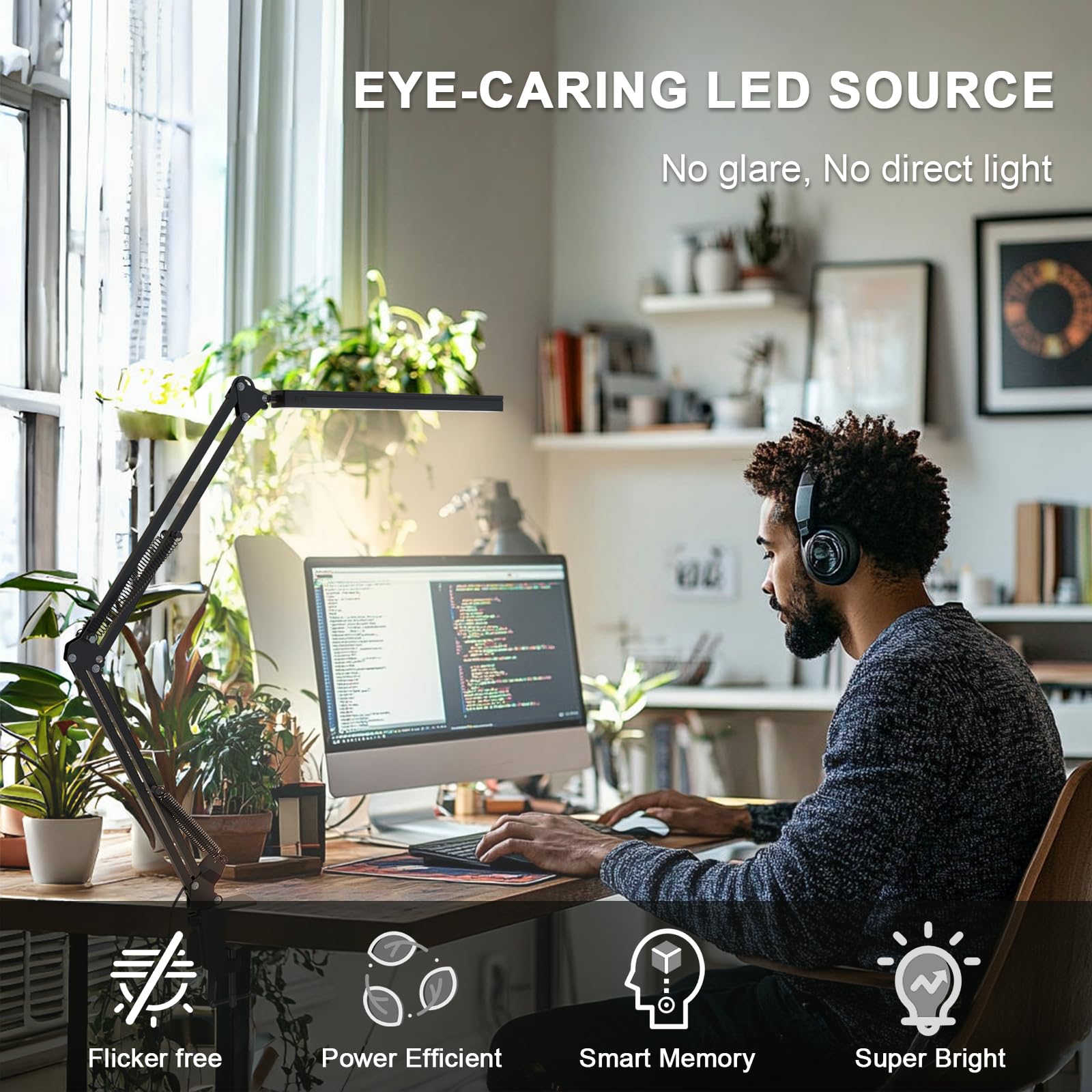 TROPICALTREE LED Desk Lamp, Swing arm Desk Light with clamp, 3 Lighting 10 Brightness Eye-Caring Modes, Reading Desk Lamps for Home Office 360 Degree Spin with USB Adapter & Memory Function black-14W