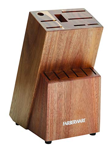 Farberware 15-Piece Stamped Stainless Steel Knife Block Set, High-Carbon Stainless Steel Kitchen Knife Set with Ergonomic Handles, Razor-Sharp Knives with Wood Block, 15-Piece Set, Acacia