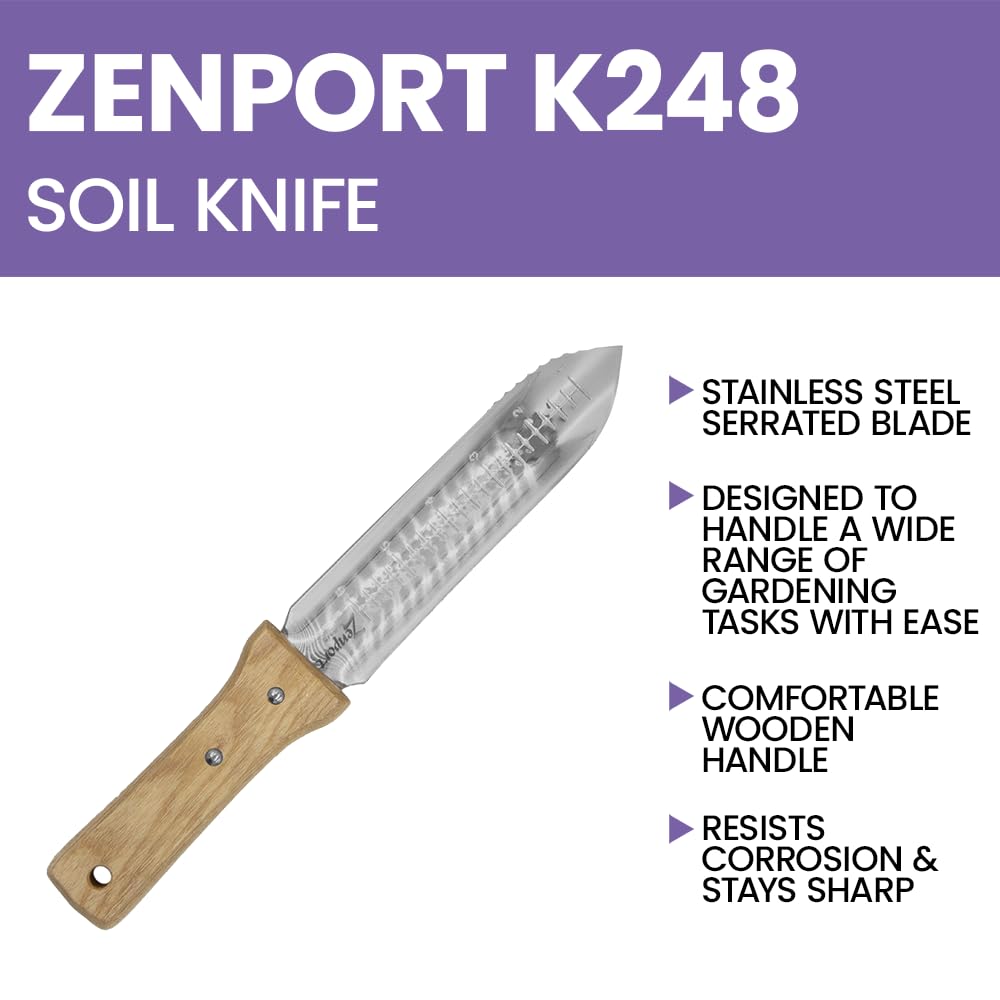 Zenport Soil Knife K248 ZenBori with Wood Handle, Sheath and Depth Measurement, Silver
