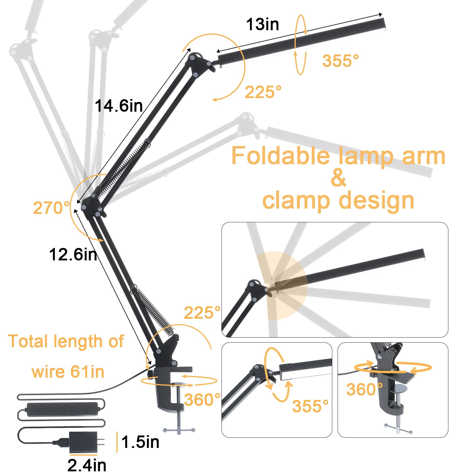 TROPICALTREE LED Desk Lamp, Swing arm Desk Light with clamp, 3 Lighting 10 Brightness Eye-Caring Modes, Reading Desk Lamps for Home Office 360 Degree Spin with USB Adapter & Memory Function black-14W