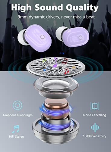 Wireless Earbuds, Bluetooth Earphones Stereo HiFi Sound Noise Cancelling with Built-in Microphone, True Wireless Headphones In-Ear Earbuds for Sports and Work, Compatible with iPhone, Android- Purple