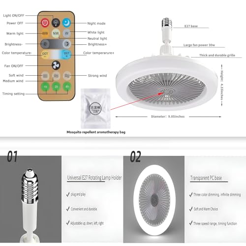 Socket Fan Light, Socket Fan Ceiling Fan with Light and Remote, LED Light Bulb Fan, Screw in Ceiling Fan in Light Socket, Quiet Ceiling Fan for Kitchen Bathroom Store Room Garage (White) (White)