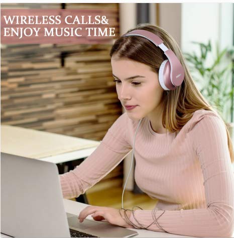 TUINYO Wireless Headphones Over Ear, Bluetooth Headphones with Microphone, Foldable Stereo Wireless Headset-Rose Gold/Apricot