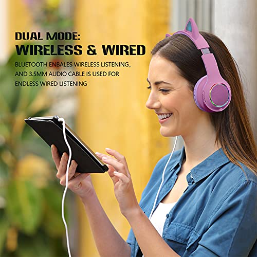 Wireless Bluetooth Headphones for Kids, LED Light Up Over Cat Ear Headphones, Volume Control Comfort Foldable Wireless Headset with Microphone for PC/TV/iPad, Gift for Kids Boys & Girls(Pink&Purple)