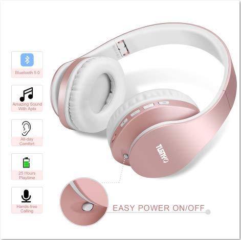 TUINYO Wireless Headphones Over Ear, Bluetooth Headphones with Microphone, Foldable Stereo Wireless Headset-Rose Gold/Apricot