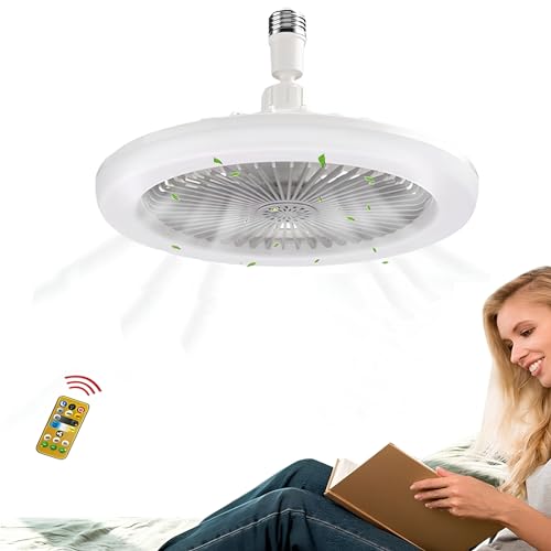 Socket Fan Light, Socket Fan Ceiling Fan with Light and Remote, LED Light Bulb Fan, Screw in Ceiling Fan in Light Socket, Quiet Ceiling Fan for Kitchen Bathroom Store Room Garage (White) (White)