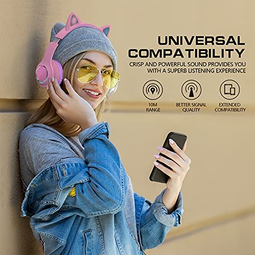 Wireless Bluetooth Headphones for Kids, LED Light Up Over Cat Ear Headphones, Volume Control Comfort Foldable Wireless Headset with Microphone for PC/TV/iPad, Gift for Kids Boys & Girls(Pink&Purple)