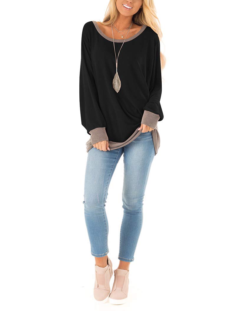 Fallorchid Womens Long Sleeve Tops Crew Neck Tunics Clothes Casual Color Block Sweatshirt A-black