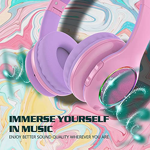 Wireless Bluetooth Headphones for Kids, LED Light Up Over Cat Ear Headphones, Volume Control Comfort Foldable Wireless Headset with Microphone for PC/TV/iPad, Gift for Kids Boys & Girls(Pink&Purple)