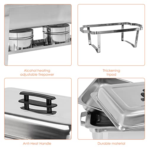 GRANDMA SHARK 4 Packs 8QT Stainless Steel Rectangular Chafing Dishes Sets with Alcohol Furnace for Catering Buffet Warmer Set Chafing Dish Buffet Set Food Warmers for Parties with Folding Frame