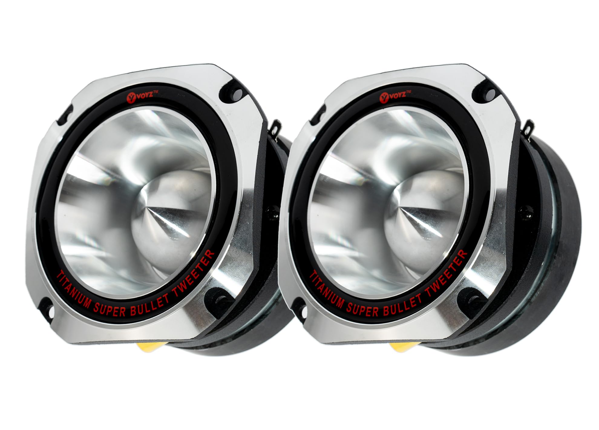 VOYZ Super Tweeter Speaker Titanium Diaphragm 4-8 ohms 500 Watt Super Tweeter 4” Super Horn Heavy Duty Chrome Finish with Crossover Capacitor (1 Pair)