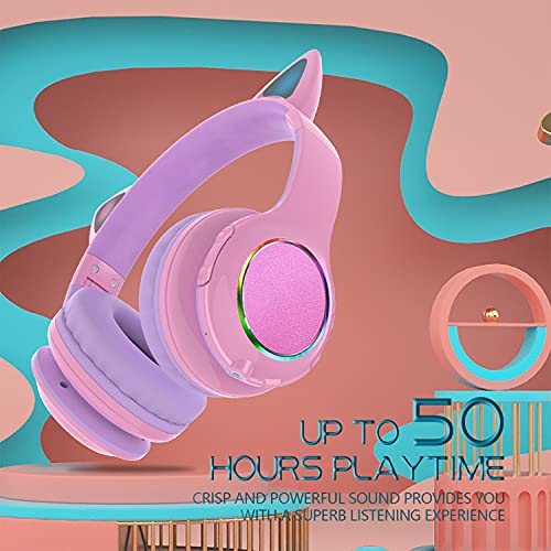 Wireless Bluetooth Headphones for Kids, LED Light Up Over Cat Ear Headphones, Volume Control Comfort Foldable Wireless Headset with Microphone for PC/TV/iPad, Gift for Kids Boys & Girls(Pink&Purple)